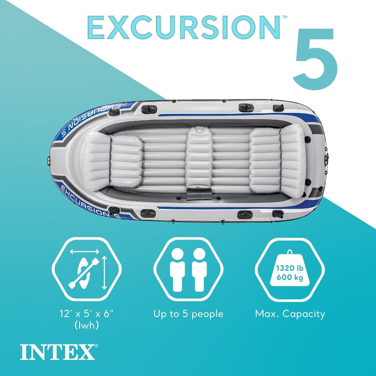 Intex Excursion Inflatable Boat: 5-Person, SuperTough PVC, Deluxe Oars ...